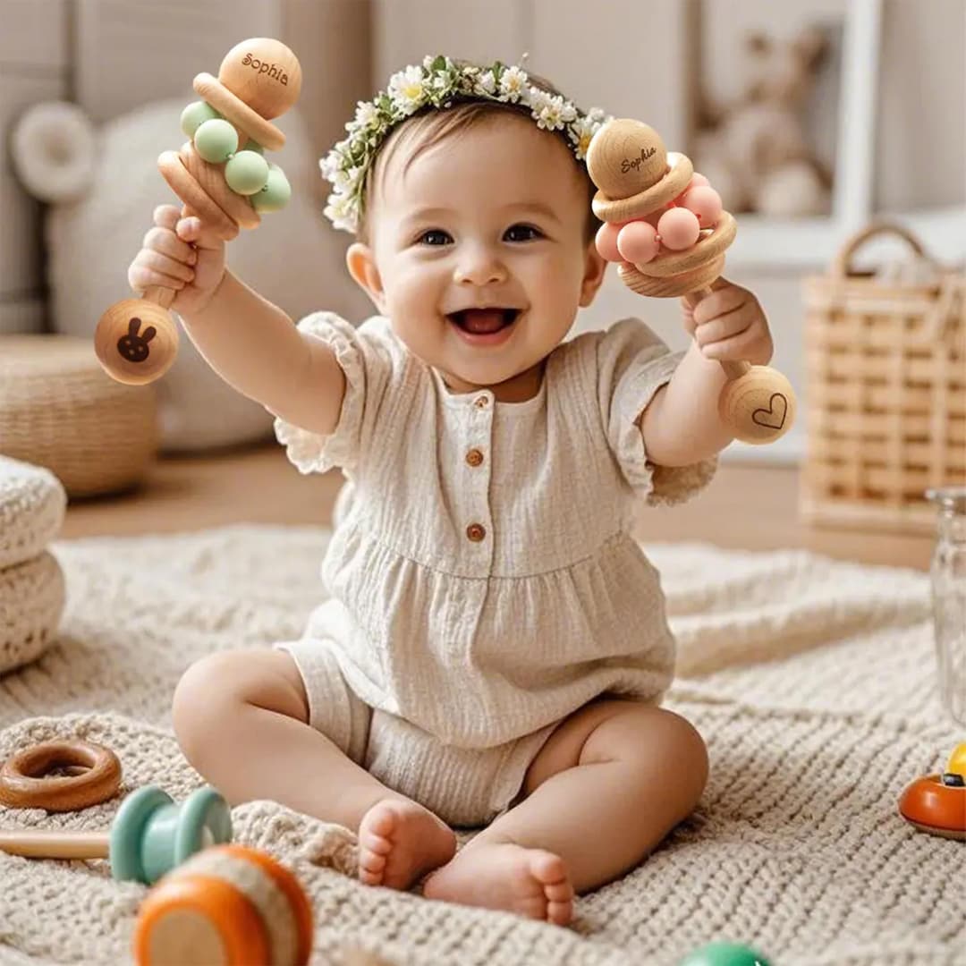 Personalized Wooden Baby Rattle With Engraved Name Toy, Baby Shower ...