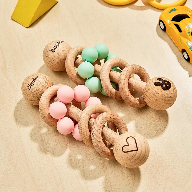 Personalized Wooden Baby Rattle With Engraved Name Toy, Baby Shower ...