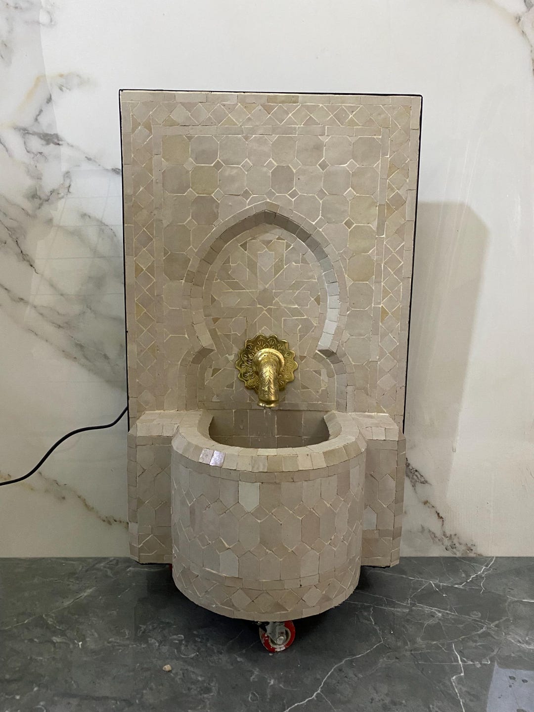 Handmade Beige Zellige Wall Fountain, Moroccan Brass Spout Water ...