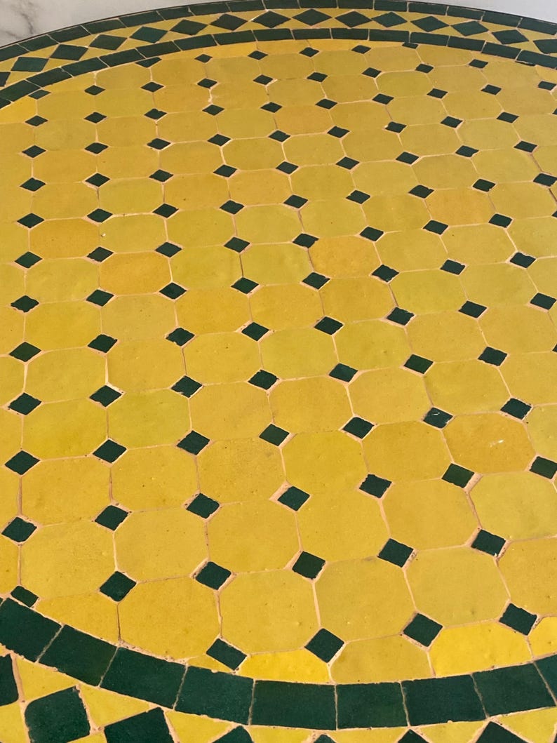 Handmade Moroccan Zellige Tile Table – Yellow & Green Mosaic, Iron Base ...