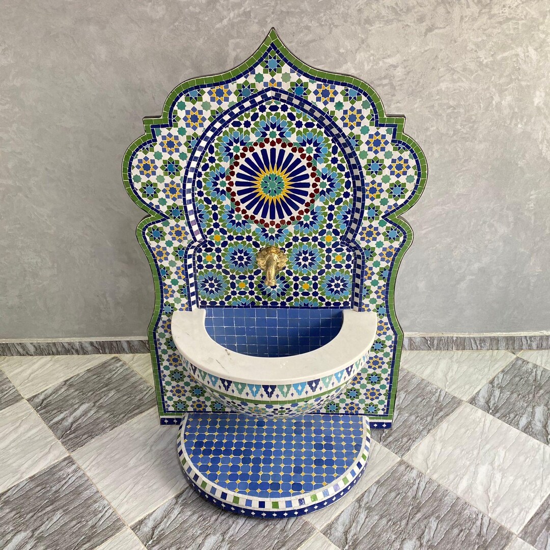 Handmade Zellige Wall Fountain: Moroccan Moorish Arch, Blue Green ...