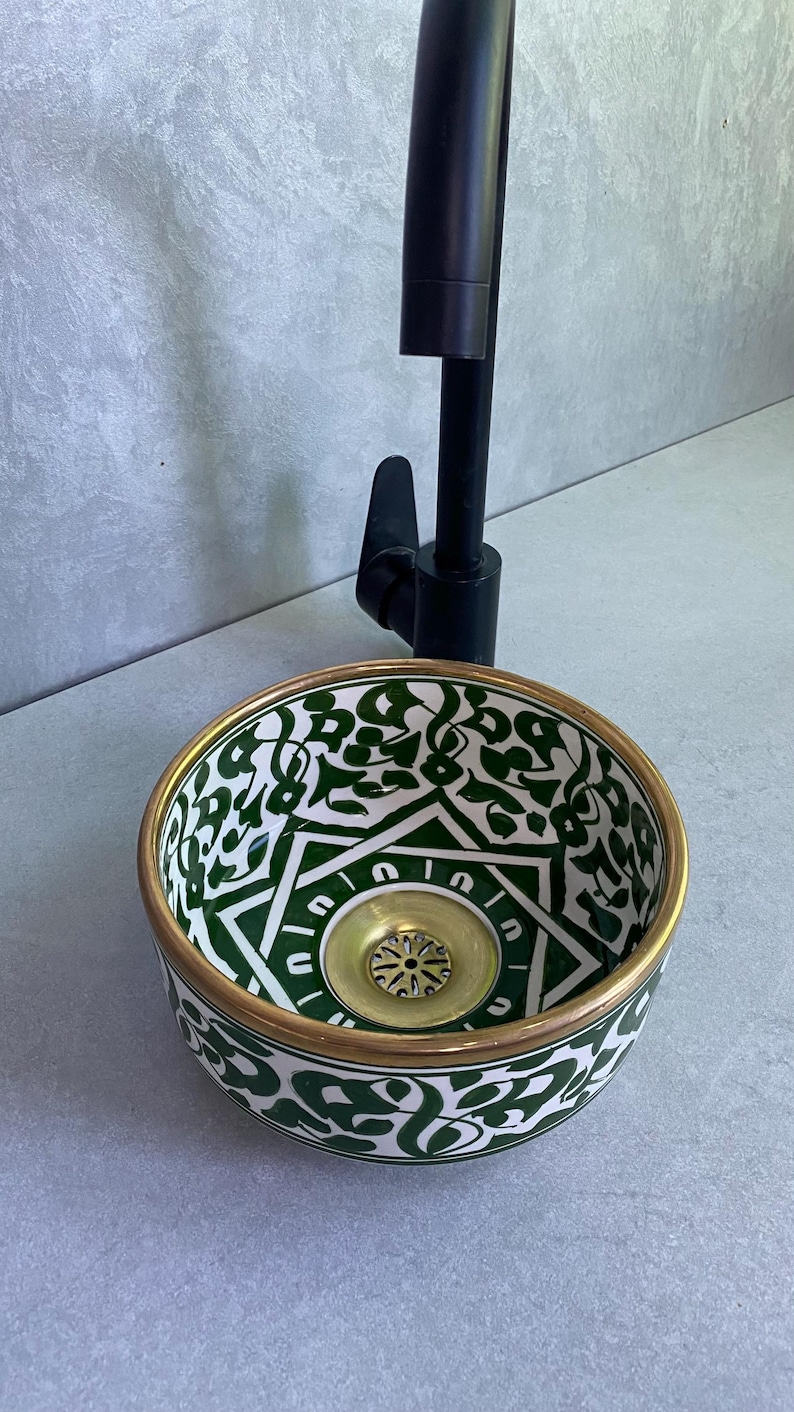 Handmade 14K Real Gold Moroccan Ceramic Sink Green White Luxury Art ...