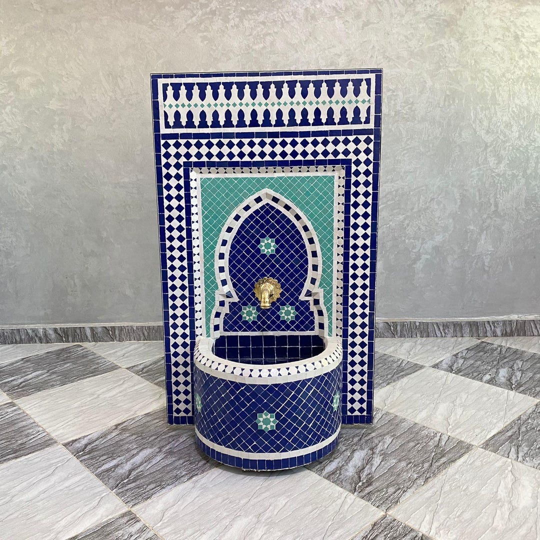 Handmade Moroccan Zellige Wall Fountain: Blue Turquoise Mosaic, Moorish ...