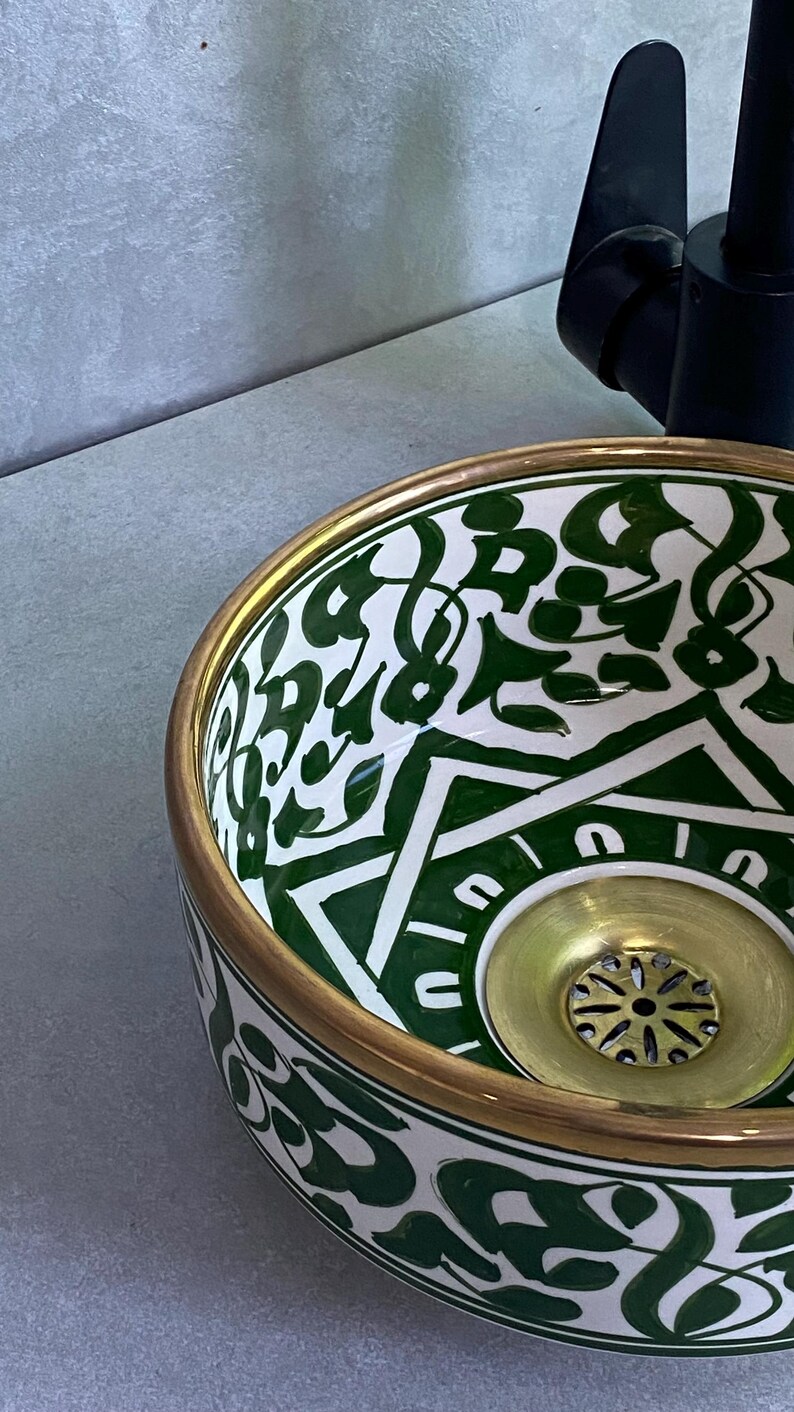 Handmade 14K Real Gold Moroccan Ceramic Sink Green White Luxury Art ...