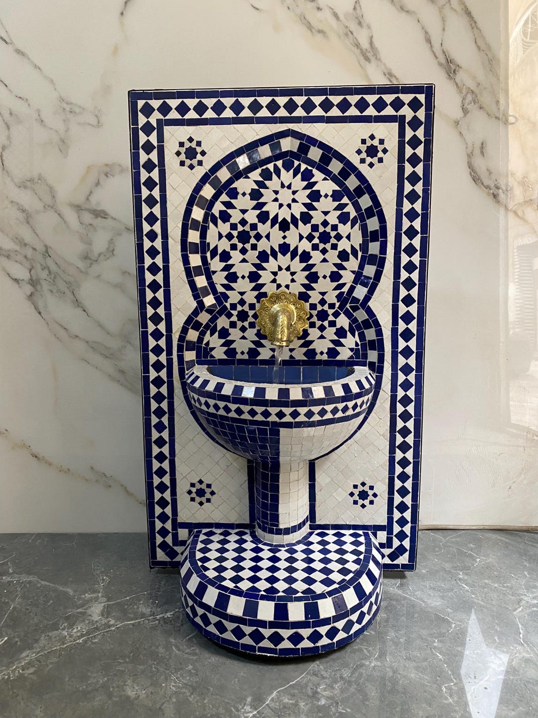 Handmade Moroccan Zellige Wall Fountain: Fez Mosaic, Moorish Arch Riad ...
