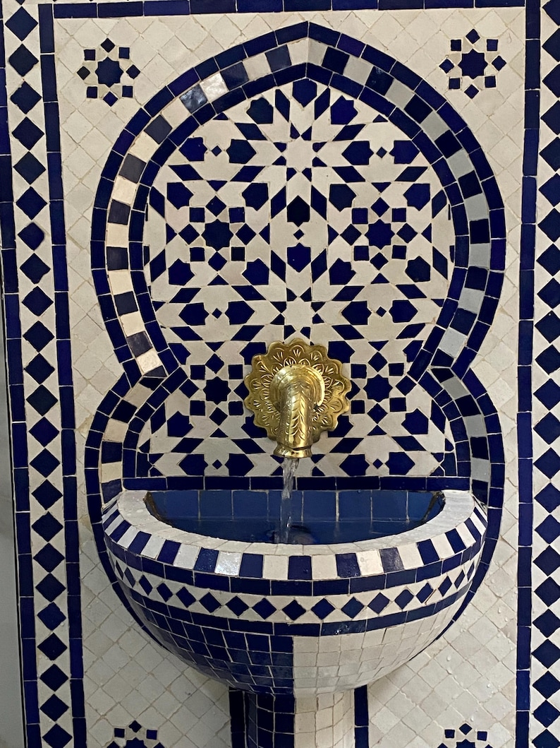 Handmade Moroccan Zellige Wall Fountain: Fez Mosaic, Moorish Arch Riad ...