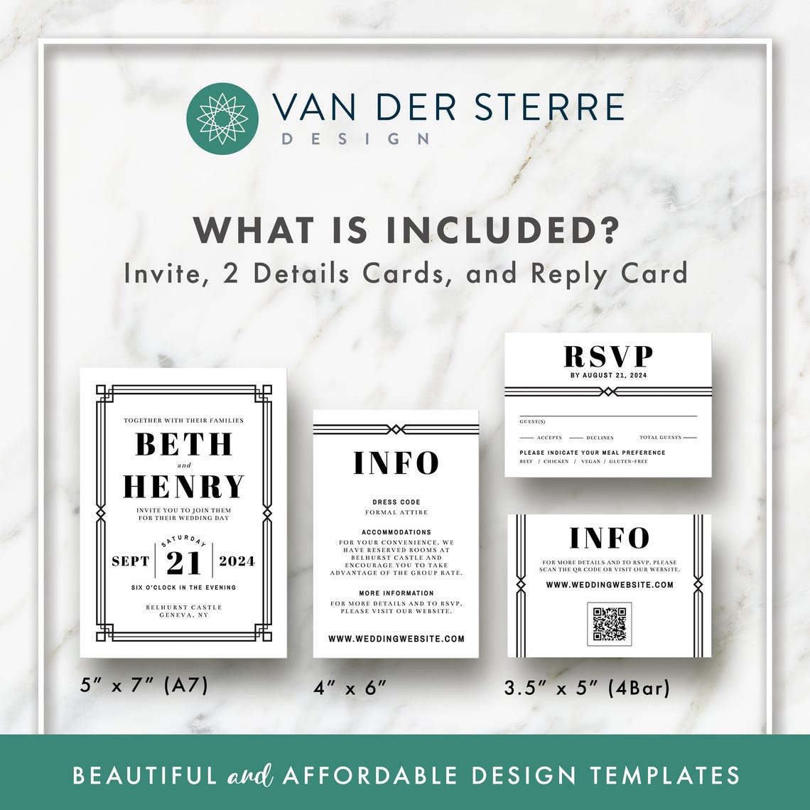 Deco Frame Wedding Invitation Set With QR Code, DIY Printable Editable ...