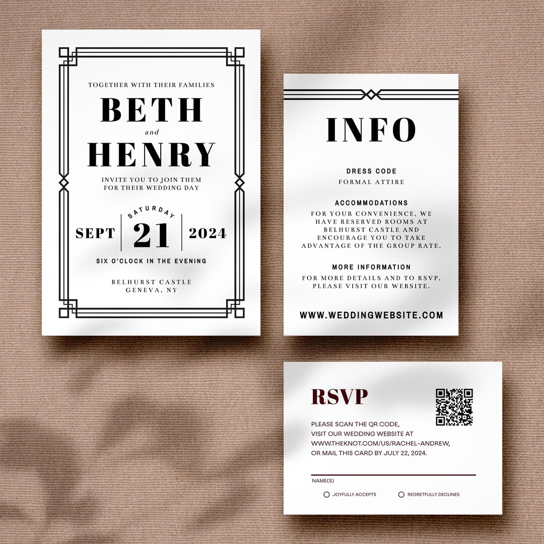 Deco Frame Wedding Invitation Set With QR Code, DIY Printable Editable ...