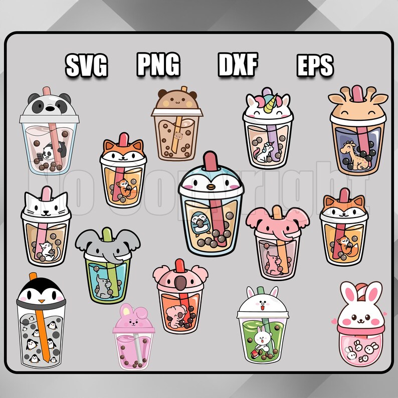 Cute Animals Drink Boba Tea Clipart Transparent PNG Bundle Set Kawaii ...