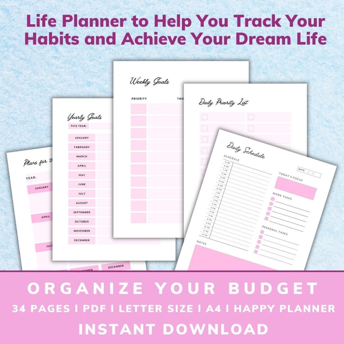 Pink Life Planner Kit 34 Pages Printable Goal Tracking - Etsy