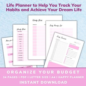 Pink Life Planner Kit, 34 Pages Printable Goal Tracking Templates ...
