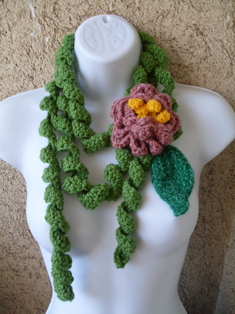 PATTERN (pdf File) 31 - Crochet Green Curly Scarf - Big Pink Flower and ...