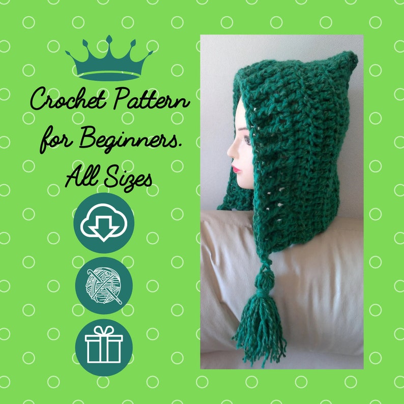 Crochet PATTERN Pixie Hood Hat With Tassel for Beginners - All Sizes ...