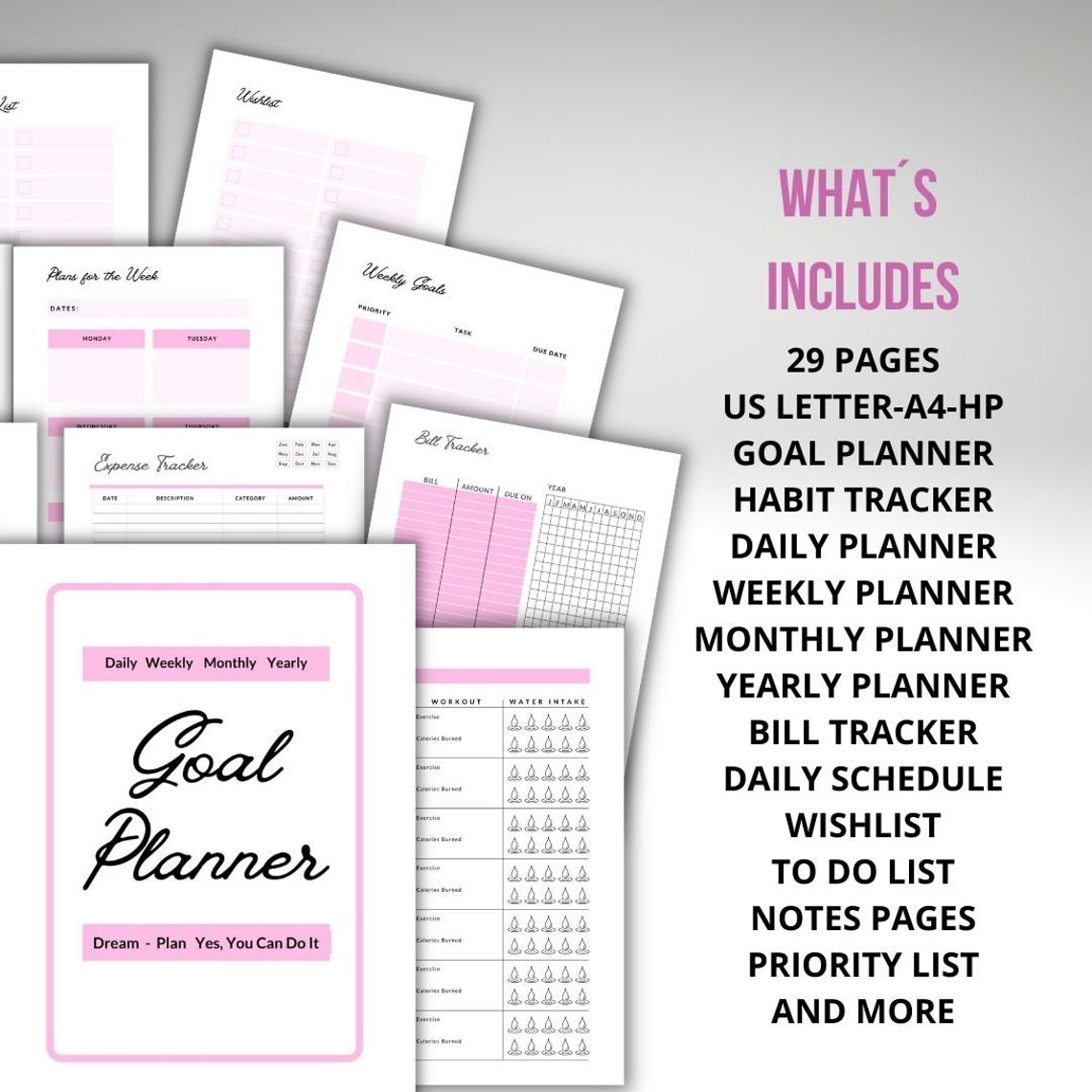 Pink Goal Planner Kit 29 Page Printable Goal Tracking - Etsy