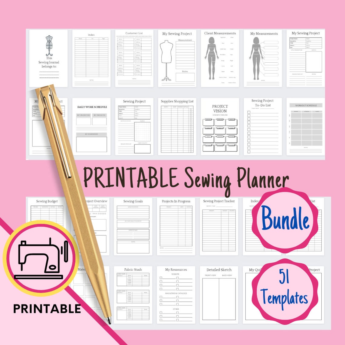 PRINTABLE Sewing Project Planner 51 Templates Printable - Etsy