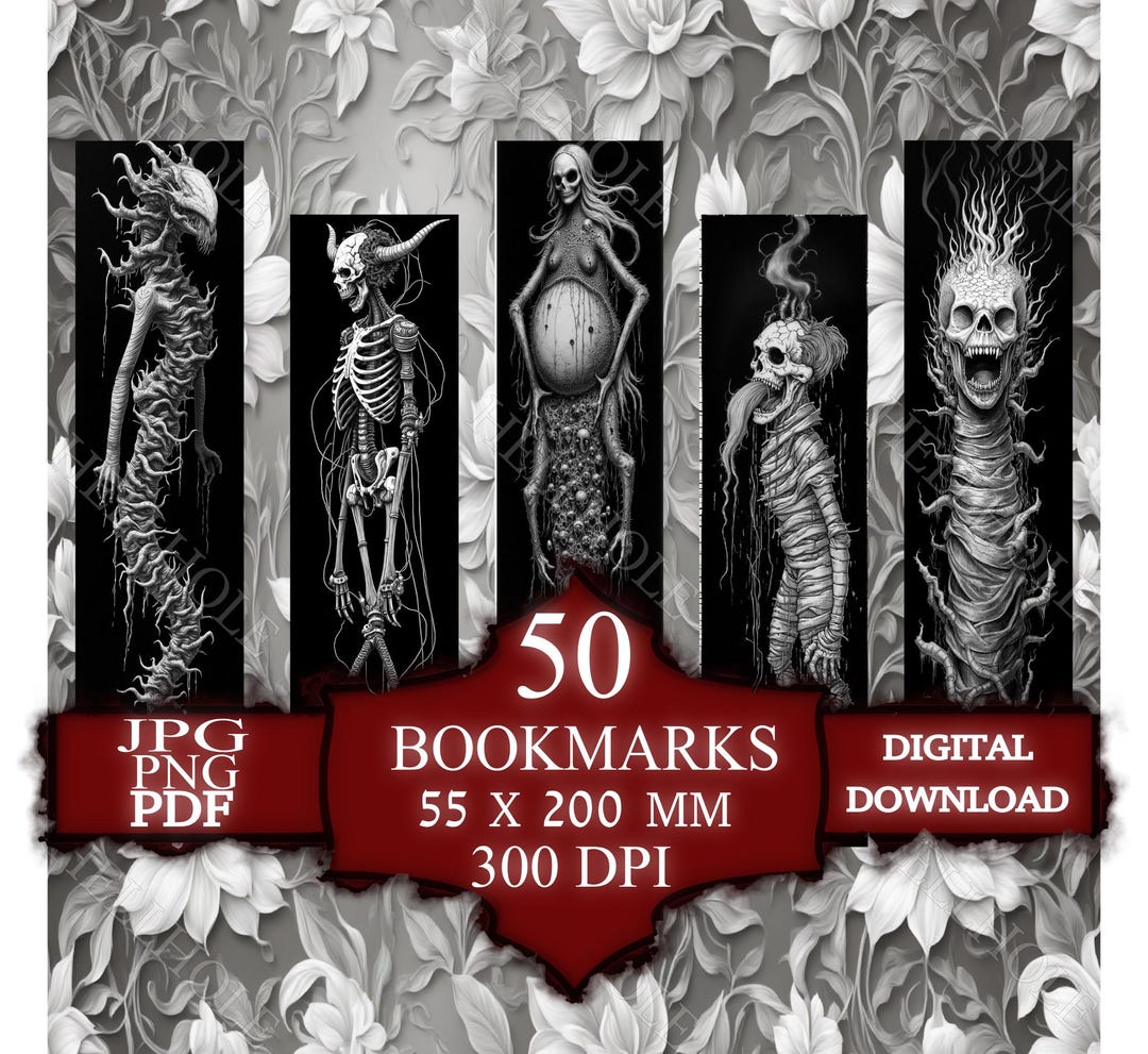 Dark Gothic Horror Bookmarks: Black and White Printable Pack (digital ...