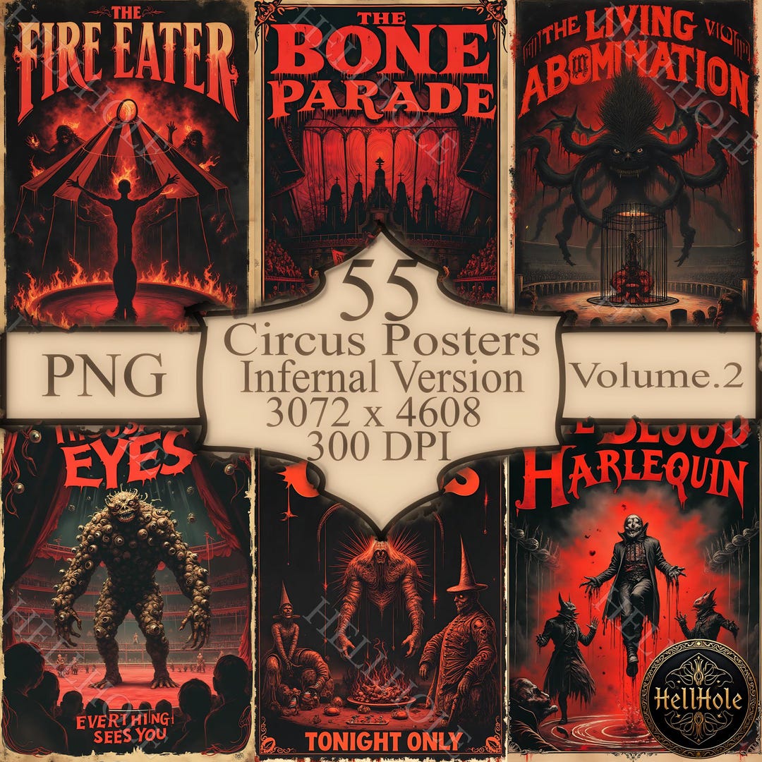 Infernal Circus Retro Carnival Posters, Dark Devil Show Prints. Digital ...