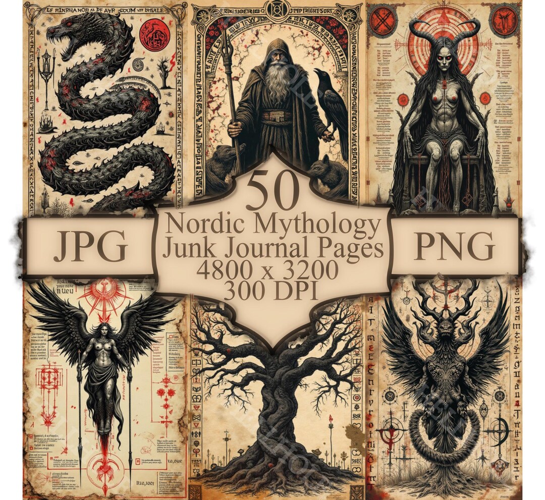 Printable Norse Mythology Illustrations Featuring Odin, Freyja, Runes ...