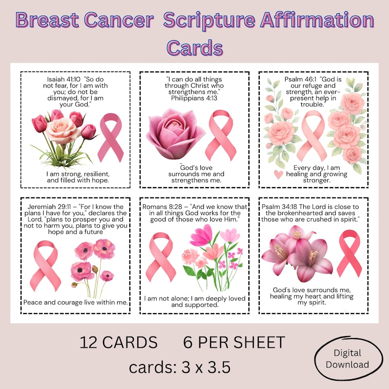 Breast Cancer Scripture Affirmation Cards, Pink Floral 3x3.5 Uplifting ...