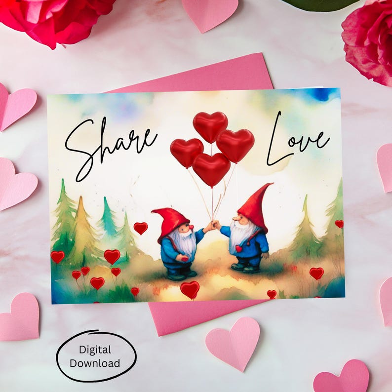 Gnome Valentine's Day Card, Heart Balloons, Printable Greeting Card ...