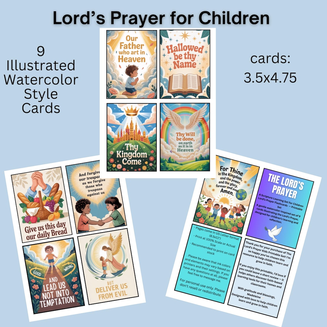 Lord's Prayer Cards, Kids Bible Verse, Watercolor Icons (printable PDF ...