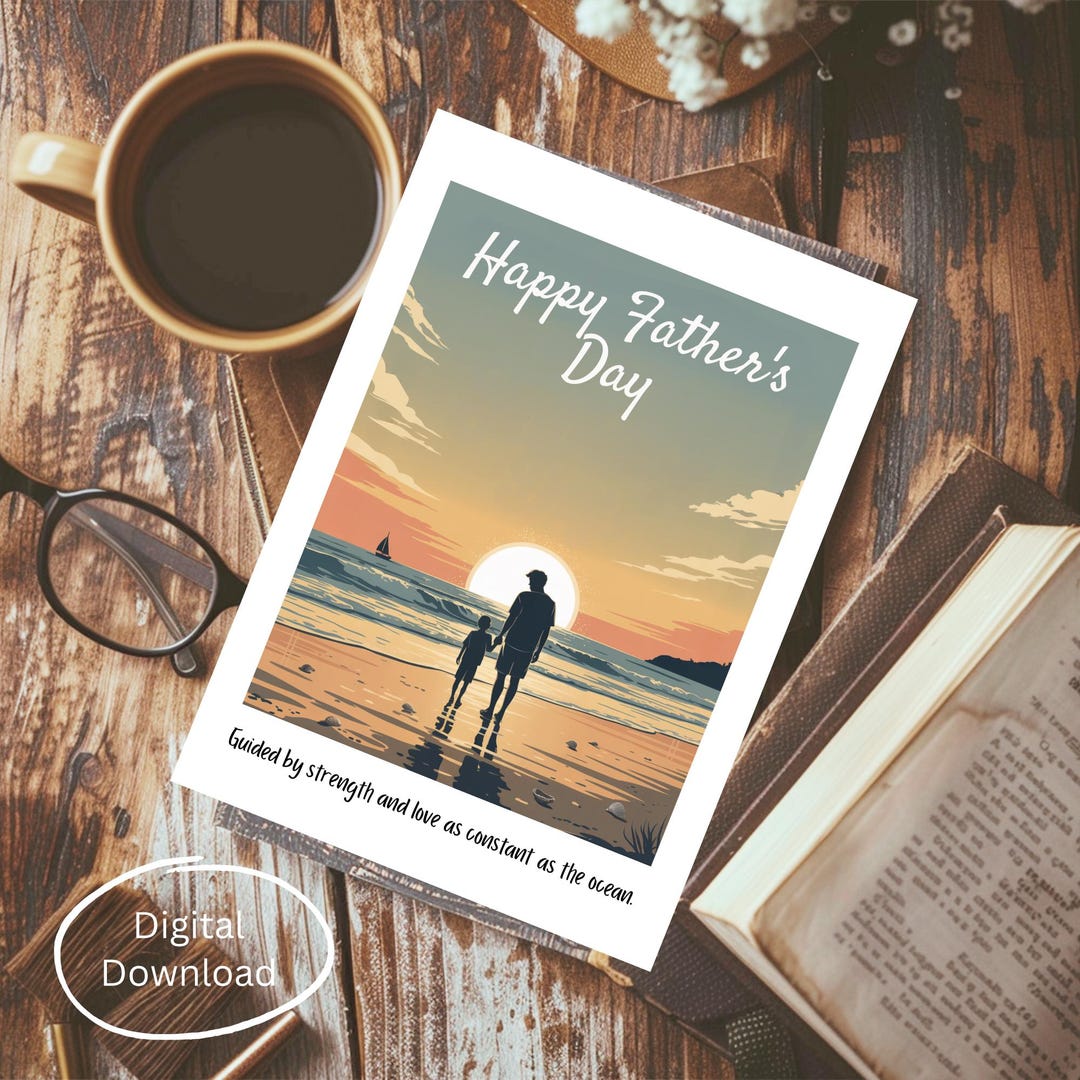 Fathers Day Printable Card Ocean Scene, Warm Sunset Beach 5x7 PDF Fold ...