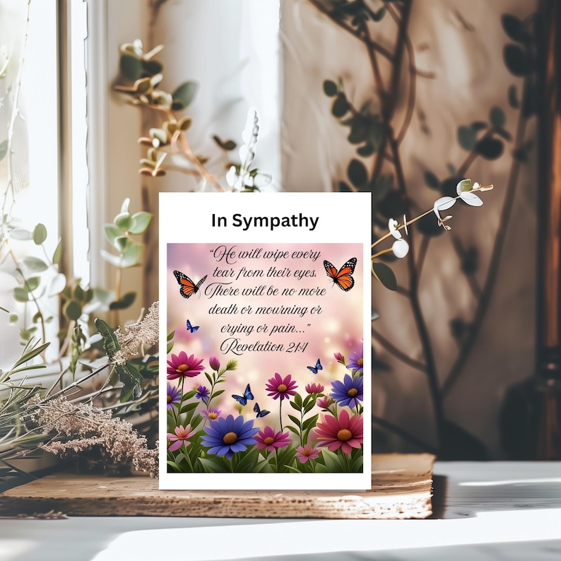 Sympathy Card, Digital PDF 5x7 Wildflowers & Butterflies Religious ...