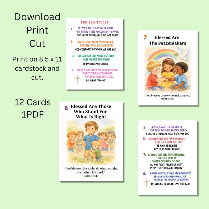 Beatitudes Flashcards for Kids | Christian Scripture Cards (printable ...