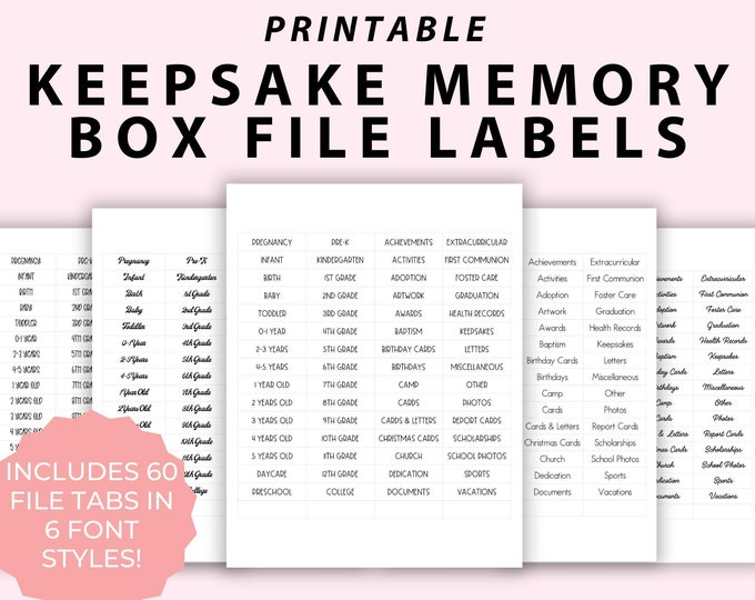 Printable Keepsake Box File Tabs: 60 Pre-labeled Tab Set (instant ...