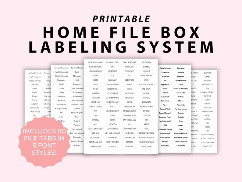 Printable Home File Tabs: 80 Pre-labeled Tabs, 5 Fonts (instant ...
