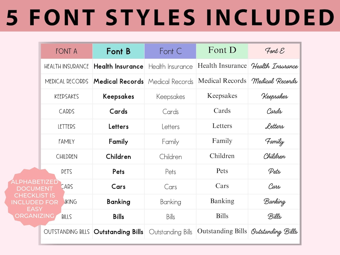 Printable Home File Tabs: 80 Pre-labeled Tabs, 5 Fonts (instant ...