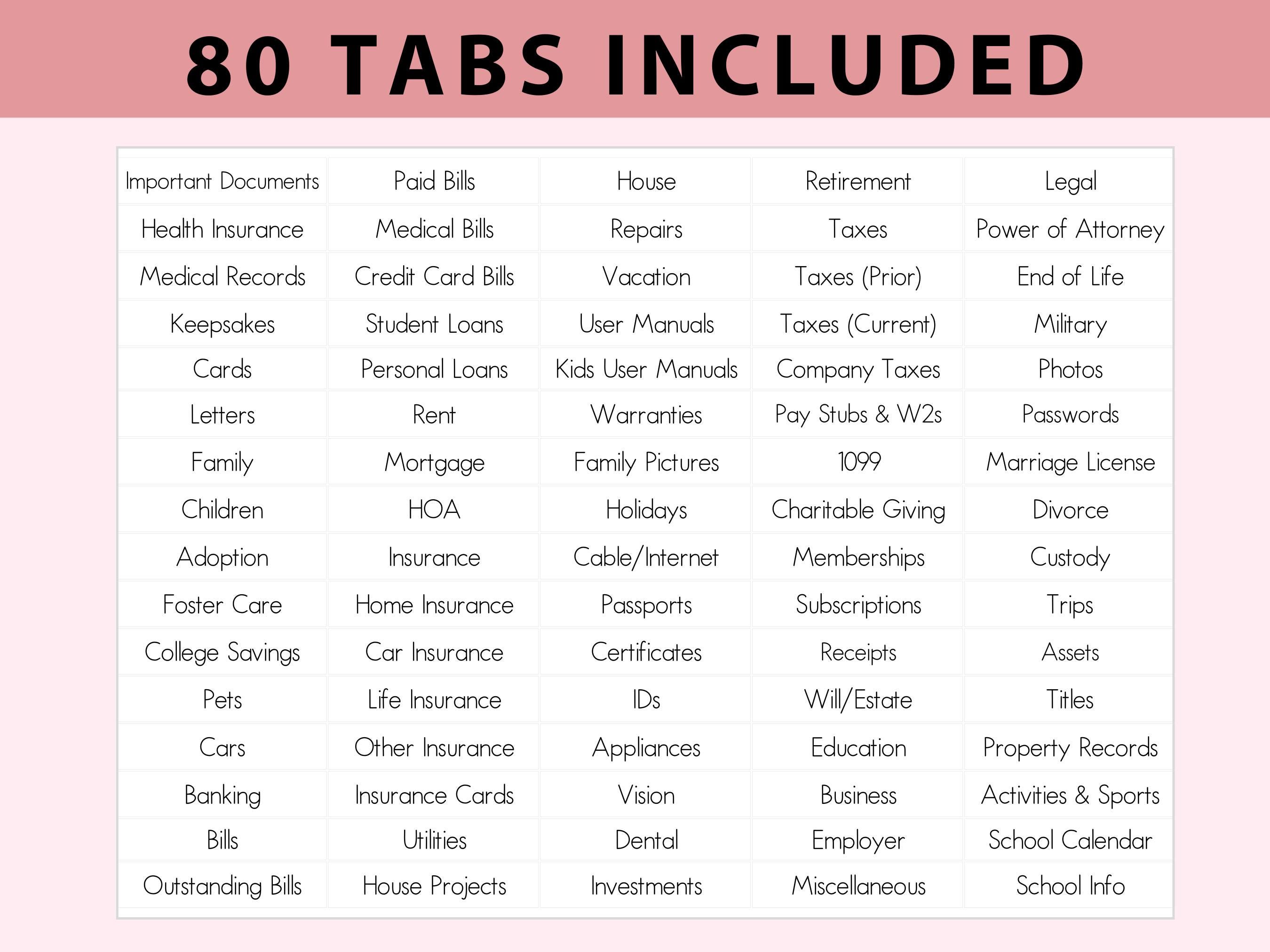 Printable Home File Tabs - 80 Pre-labeled Tabs + Document Checklist | 5 ...