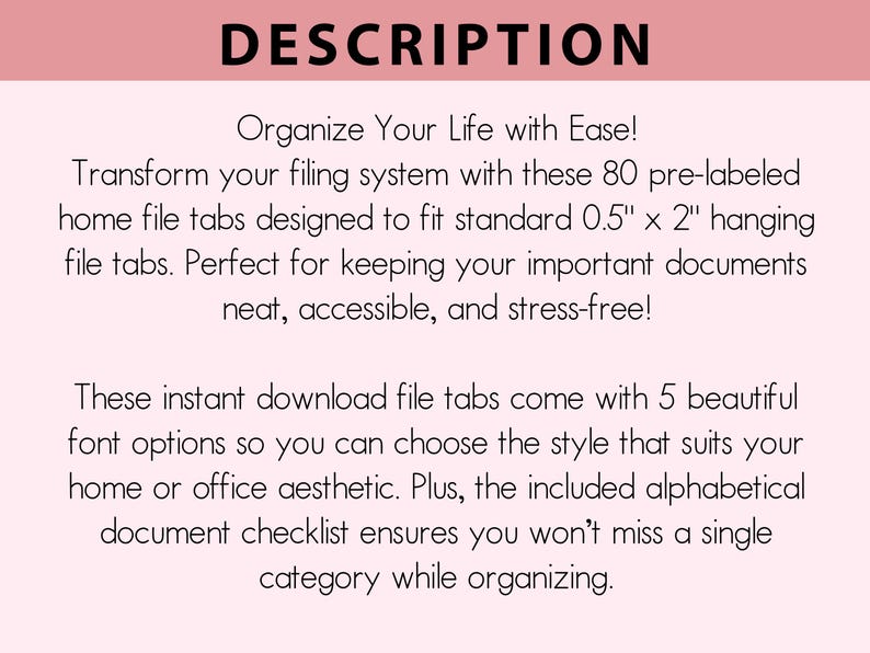 Printable Home File Tabs: 80 Pre-labeled Tabs, 5 Fonts (instant ...