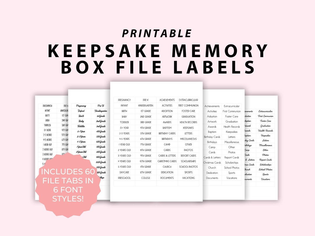 Printable Keepsake Box File Tabs: 60 Pre-labeled Tab Set (instant ...
