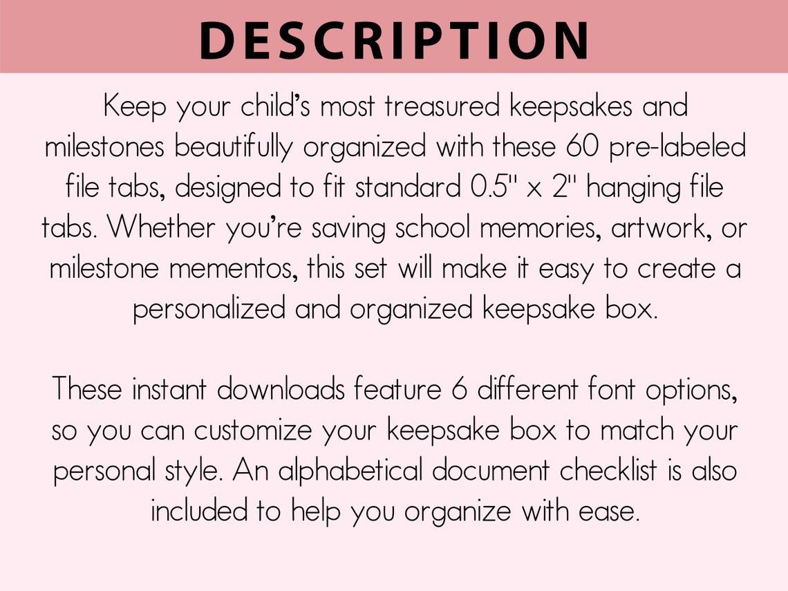 Printable Keepsake Memory Box File Tabs - 60 Pre-labeled Tabs ...