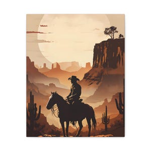 Cowboy Silhouette, Western Sunset Landscape Canvas Wall Art Decor ...