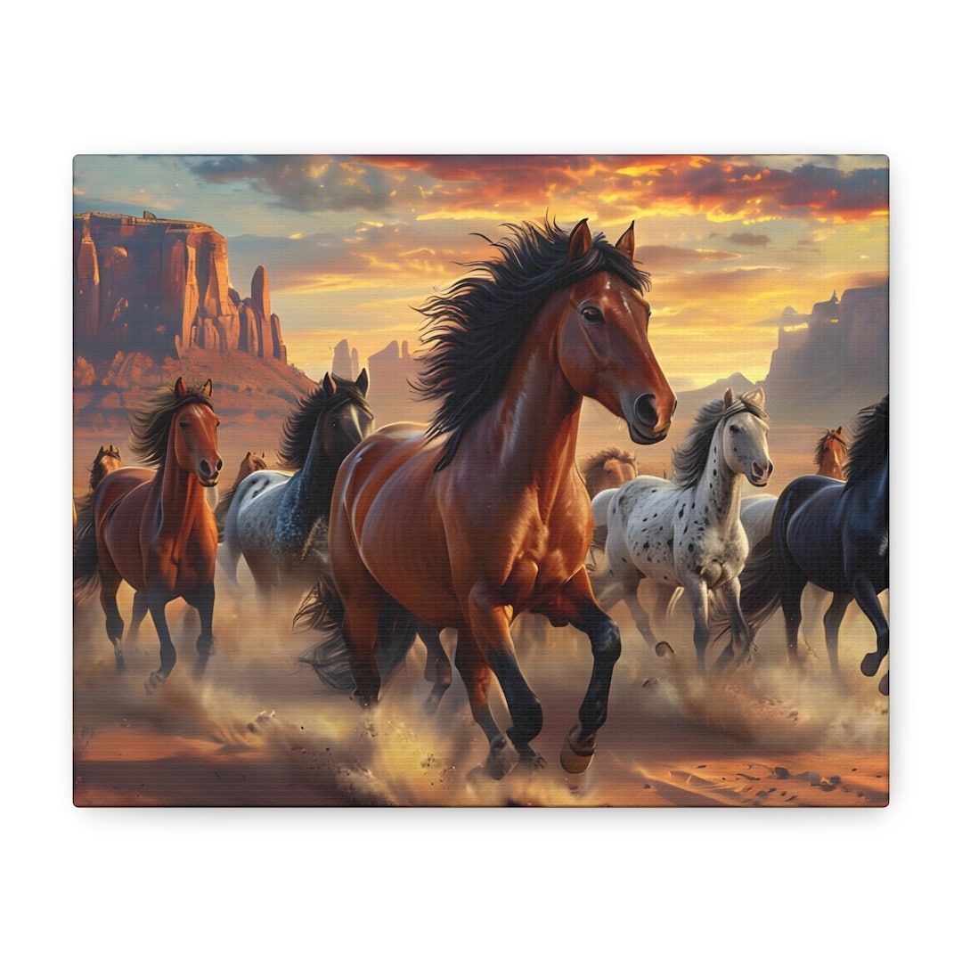 Canvas Wall Art, Sunset Stampede Print Wild Horses Galloping in Desert ...