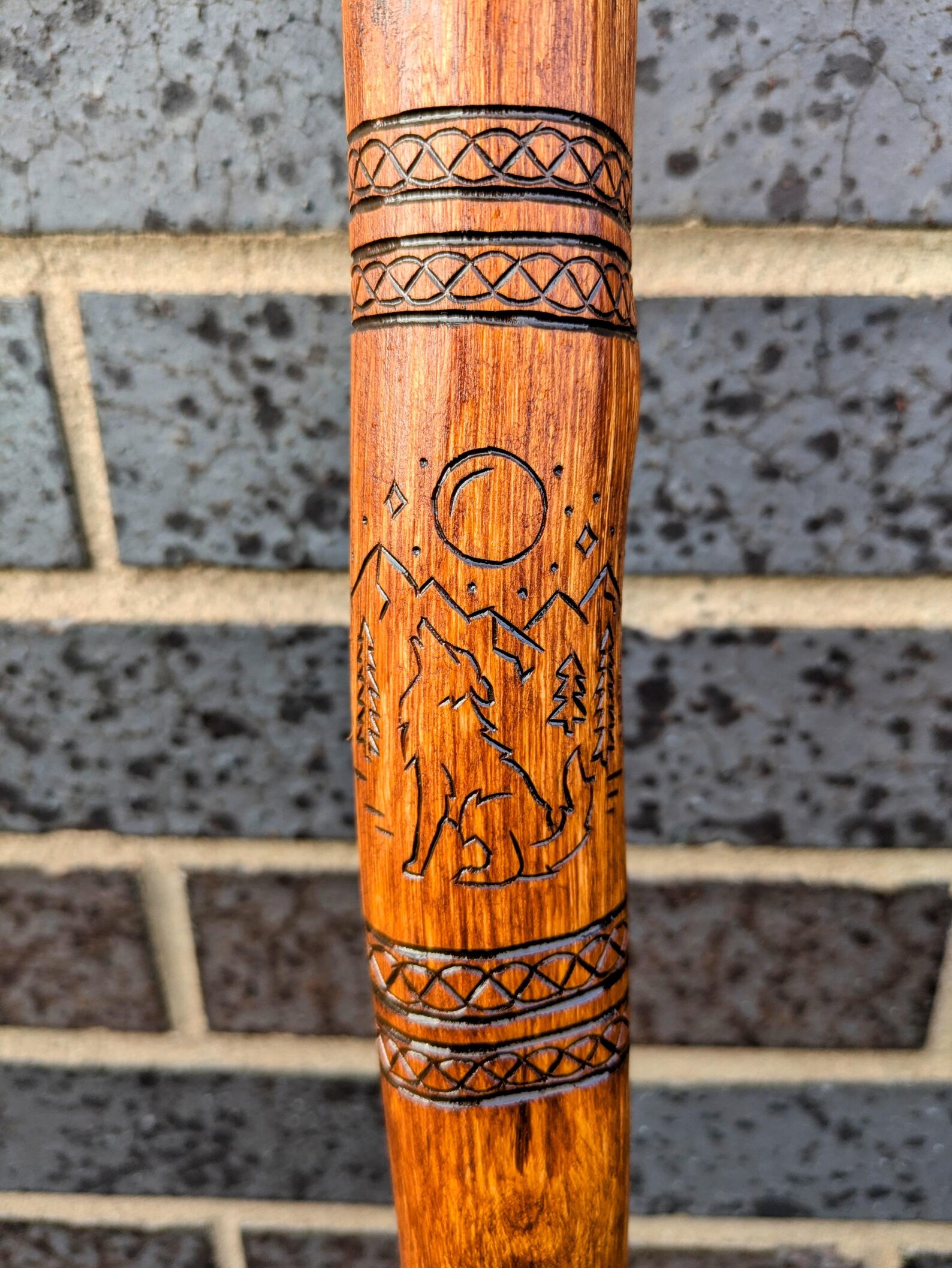 Wolf Howling at the Moon Hand-carved Walking Stick/ritual Staff Birch ...