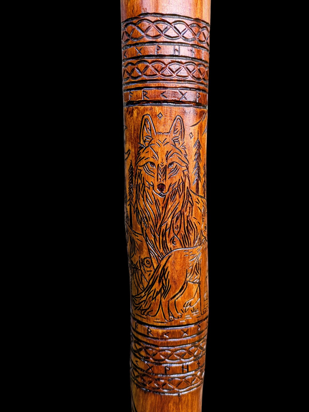 Birch Staff With Fenrir, Freyja’s Cats & Runes, Hand Carved Walking ...