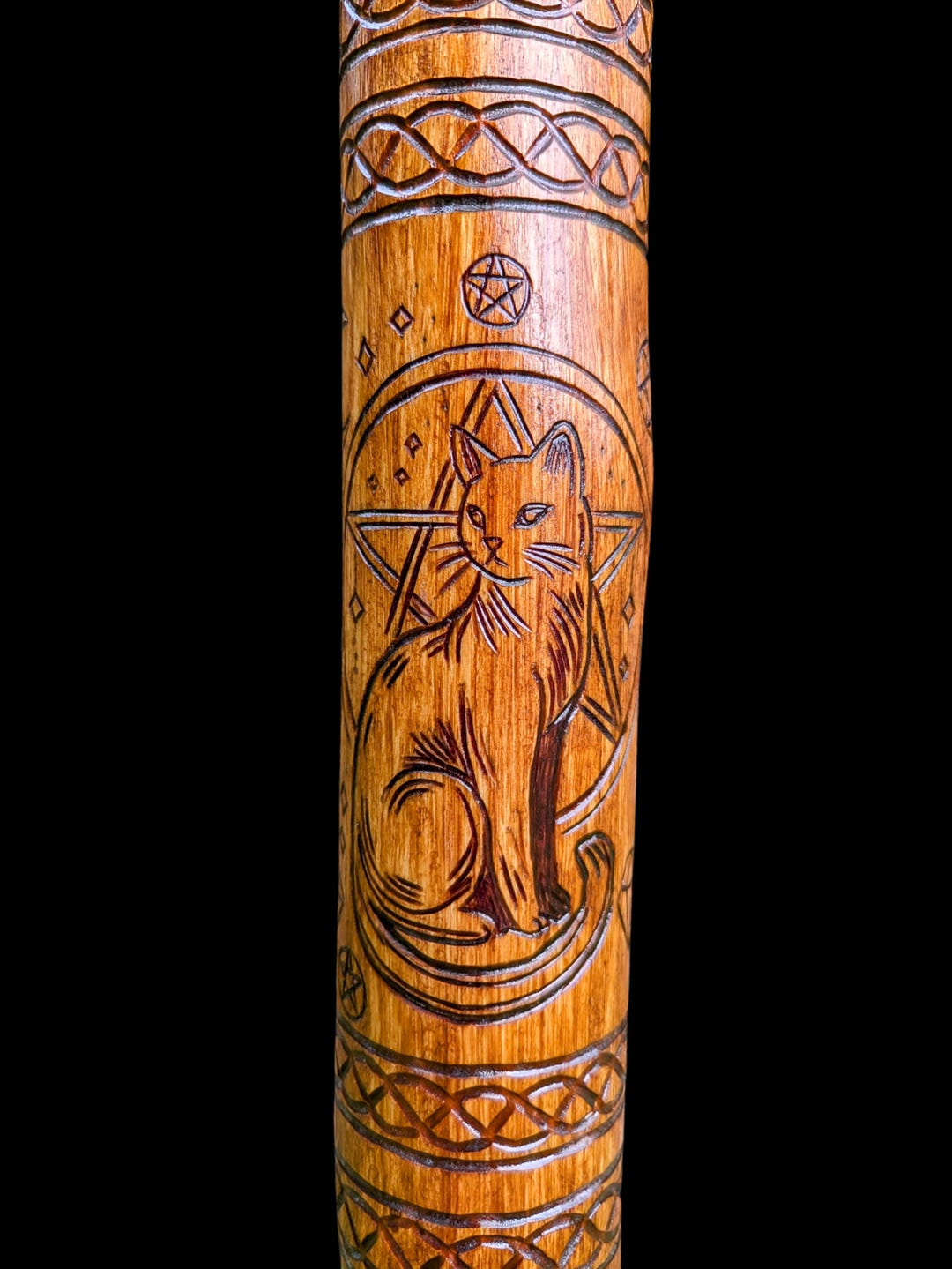 Witch’s Cat and Pentagram (137cm) Hand-carved Birch Ritual Staff ...