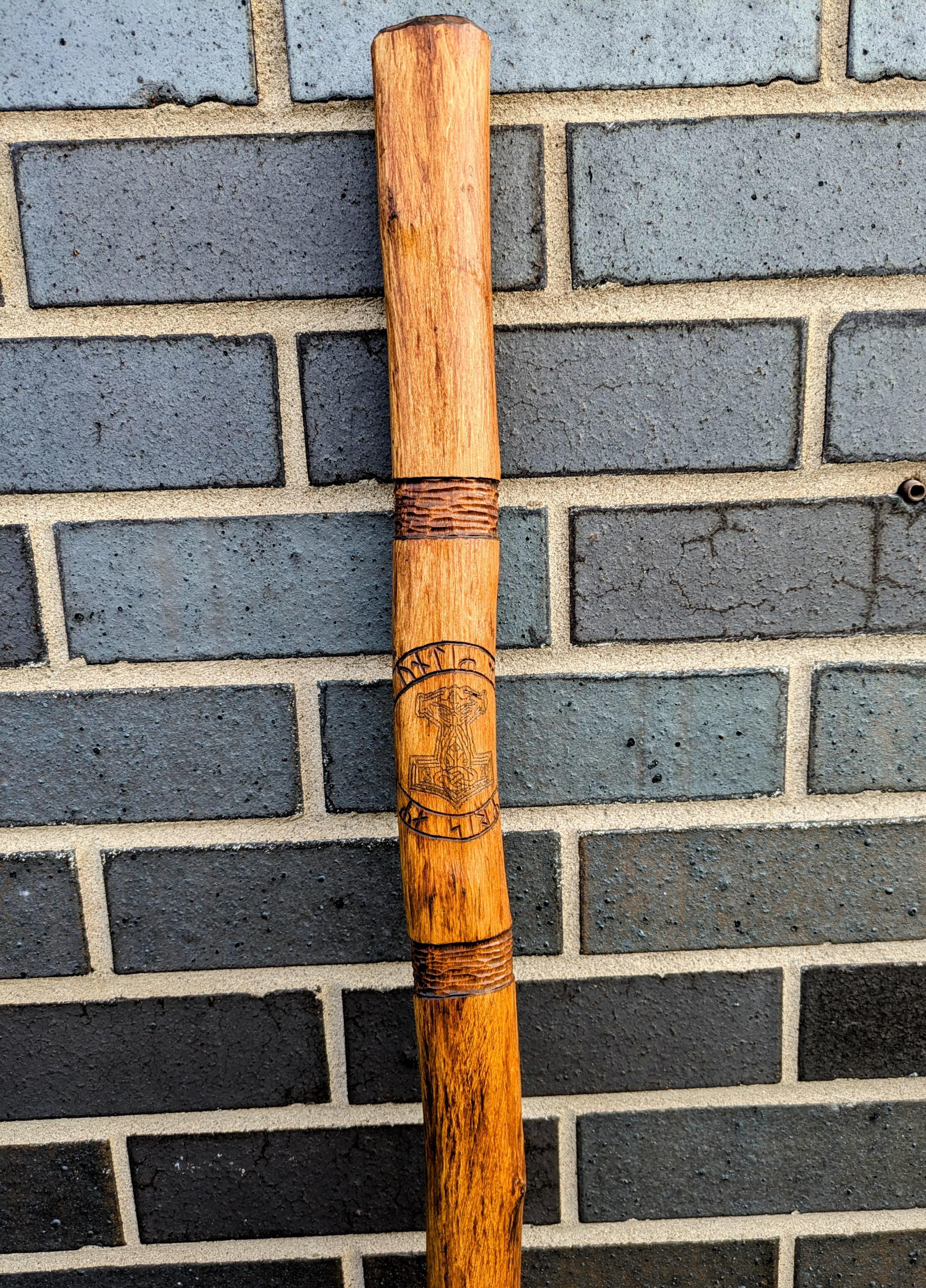 Hand Carved Birch Walking Stick With the Hammer of Thor and Viking ...