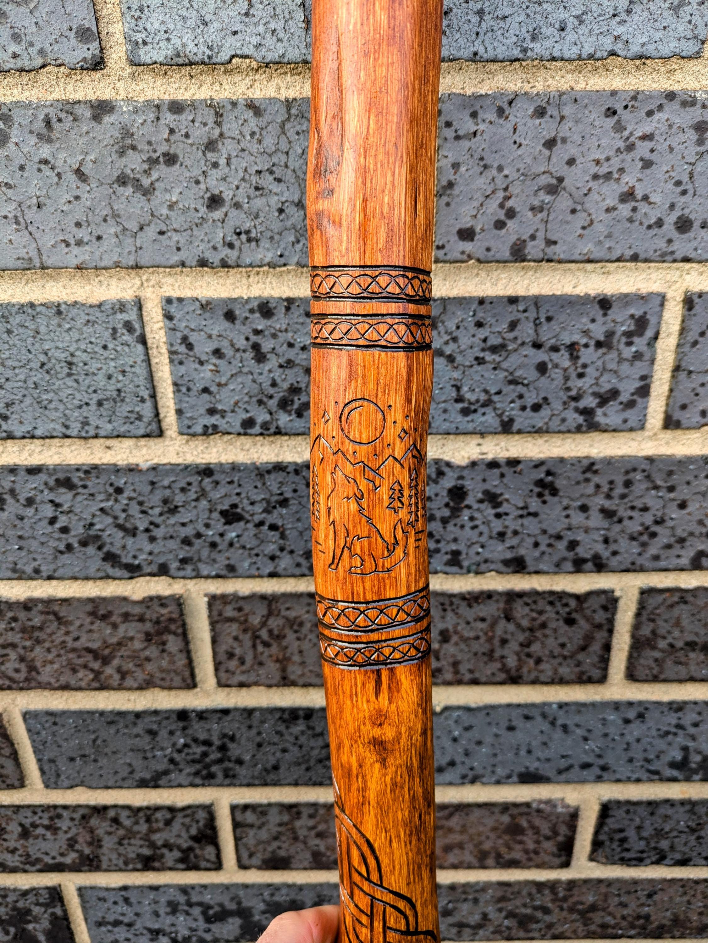 Wolf Howling at the Moon Hand-carved Walking Stick/ritual Staff Birch ...