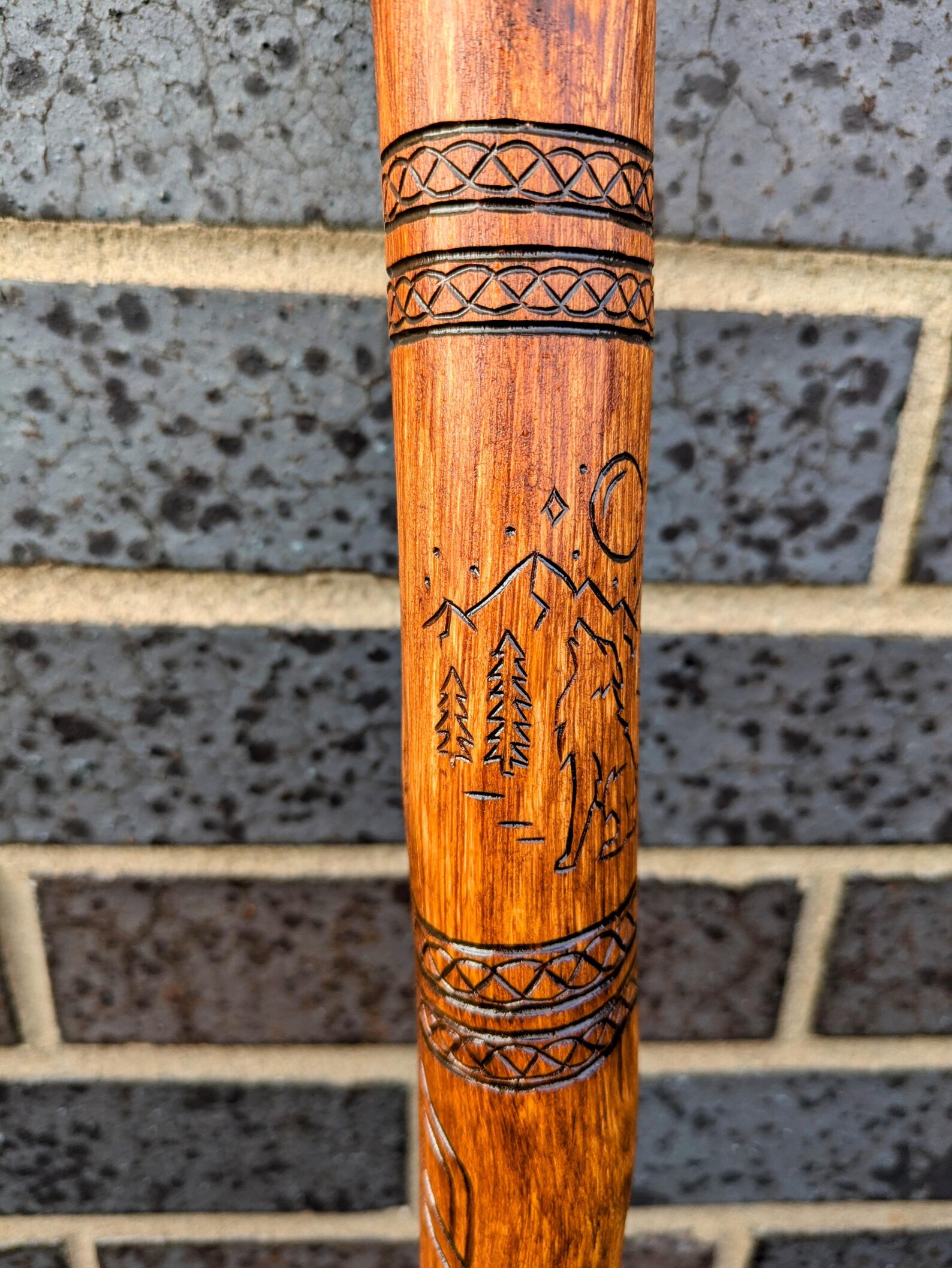 Wolf Howling at the Moon Hand-carved Walking Stick/ritual Staff Birch Wood With Cascading Celtic ...