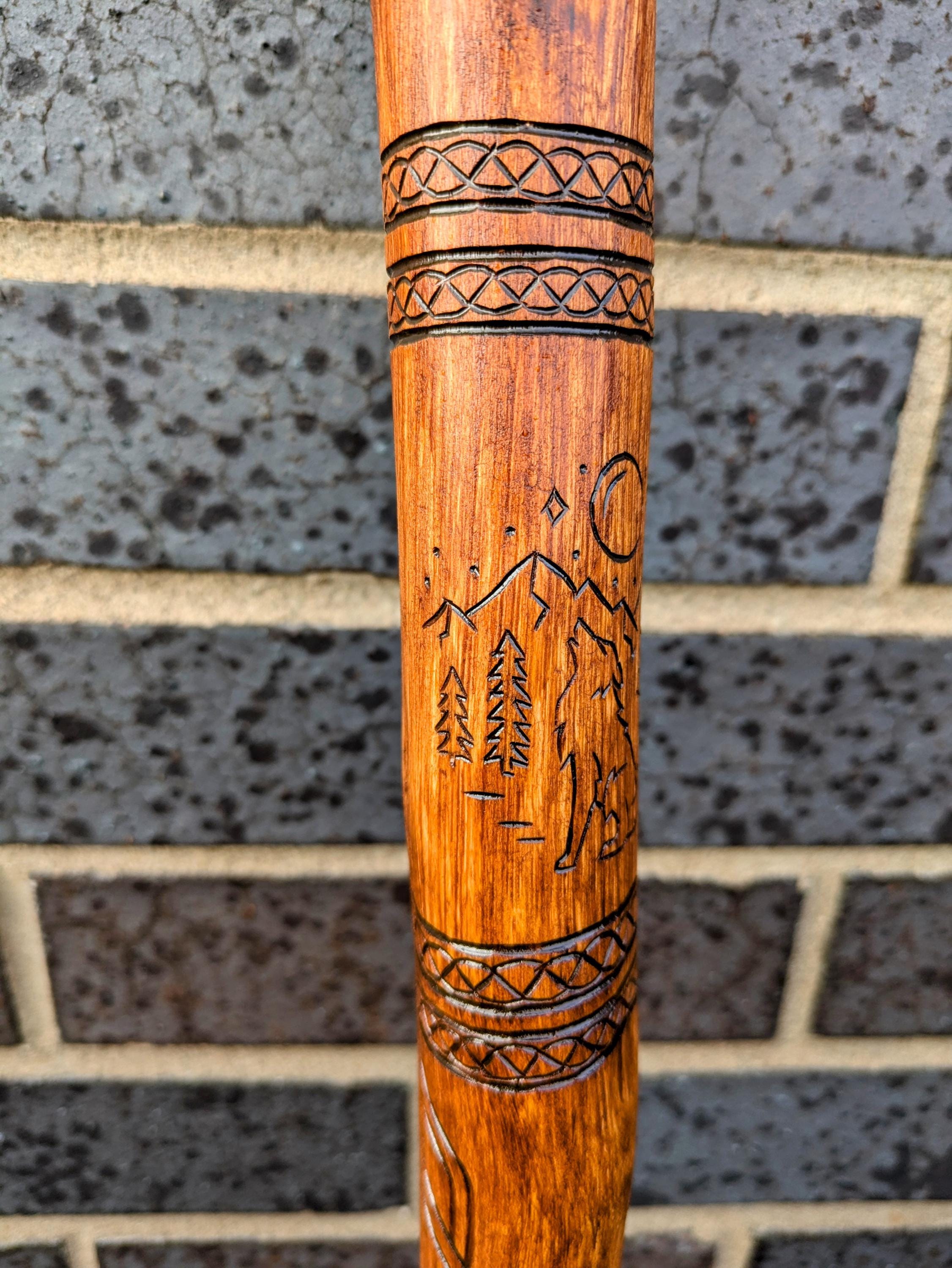 Wolf Howling at the Moon Hand-carved Walking Stick/ritual Staff Birch ...