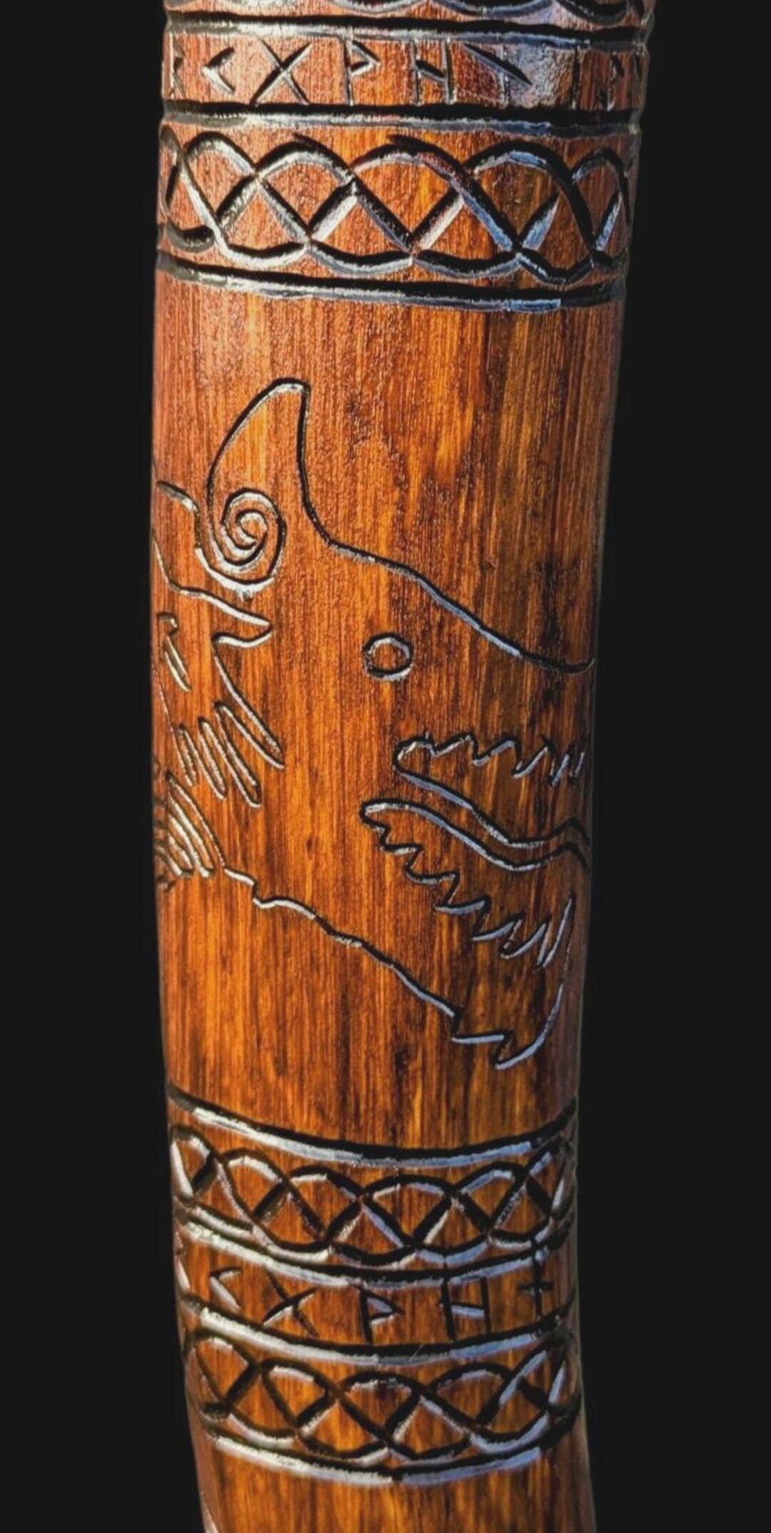 Fenrir and Tyr Ritual Staff/walking Stick –hand-carved Birch Wood With ...