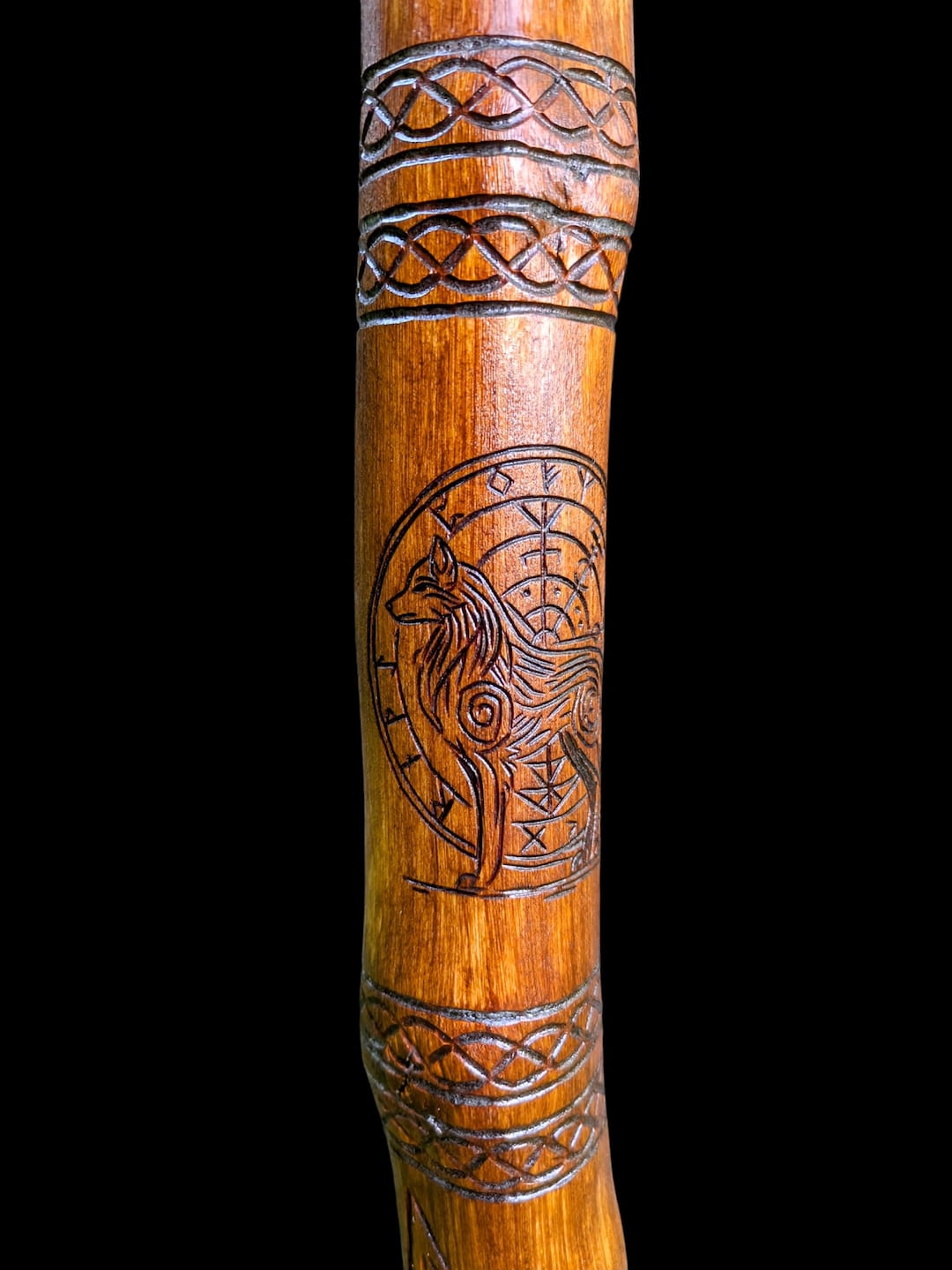 Fenrir, Runes & Vegvisir (164cm) Viking Hand-carved Birch Ritual Staff ...