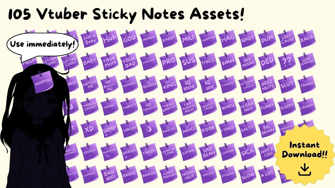 105 Vtuber Sticky Note Set, Cute Funny Stream Overlay, Vtuber Stream ...