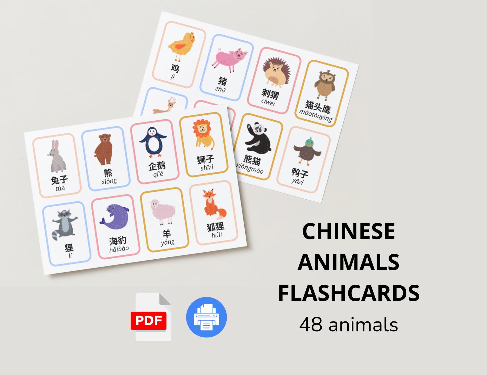 Chinese Learning Flashcards Animals - Etsy