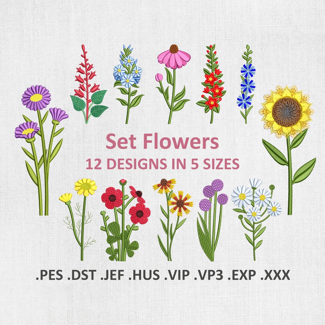 12 Summer Flowers Machine Embroidery Designs, Meadow Flowers Embroidery ...