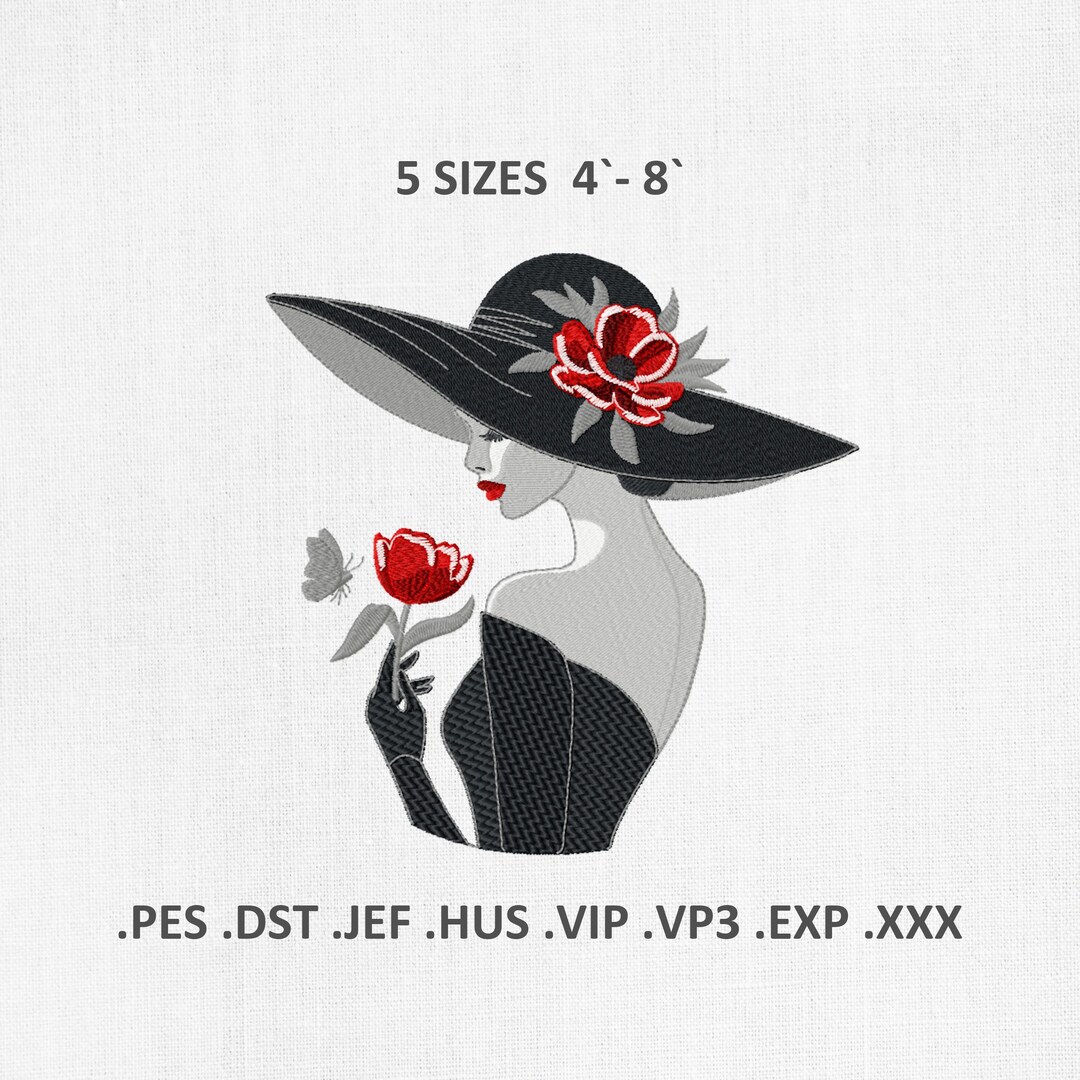 Elegant Lady Machine Embroidery Designs, Woman in Hat PES DST Files - Etsy